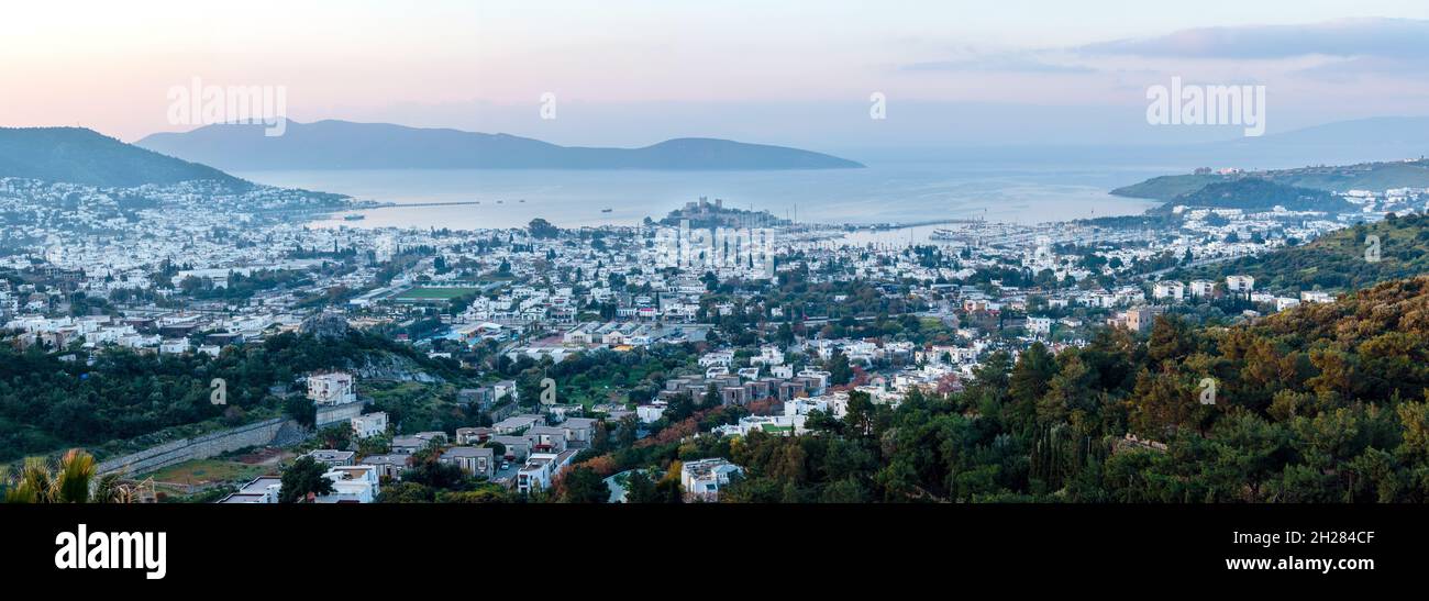Panoramic shot of bodrum city center when sun rising in Bodrum, Mugla ...