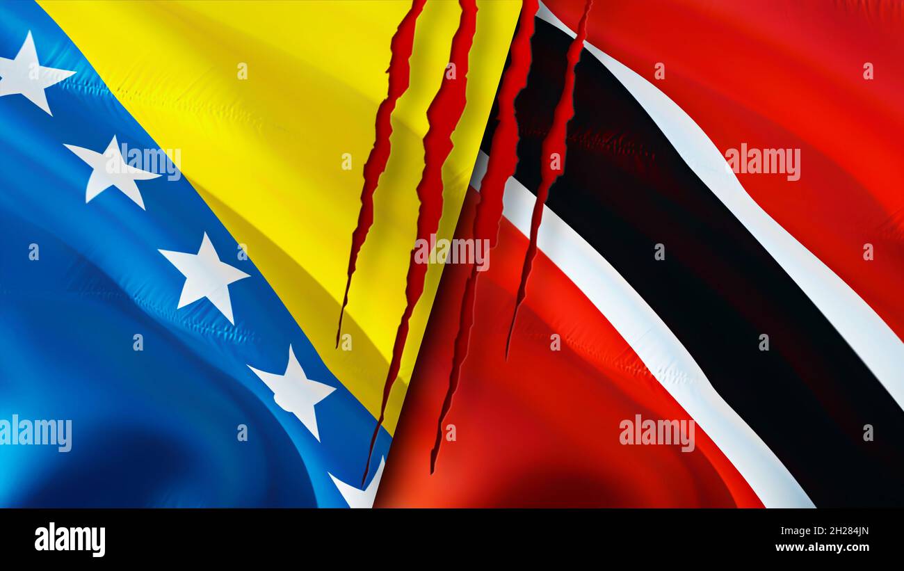 Bosnia and Trinidad and Tobago flags with scar concept. Waving flag,3D ...