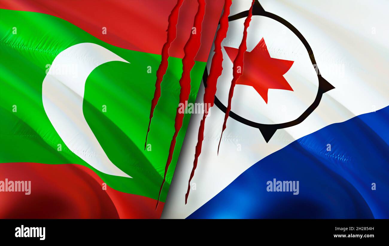 Maldives and Bonaire flags with scar concept. Waving flag,3D rendering ...