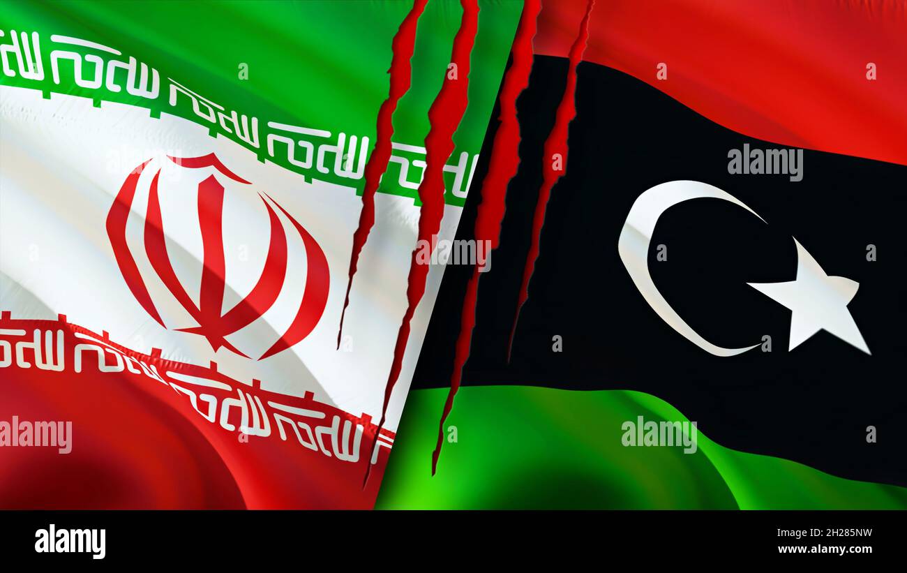 Iran and Libya flags with scar concept. Waving flag,3D rendering. Libya ...