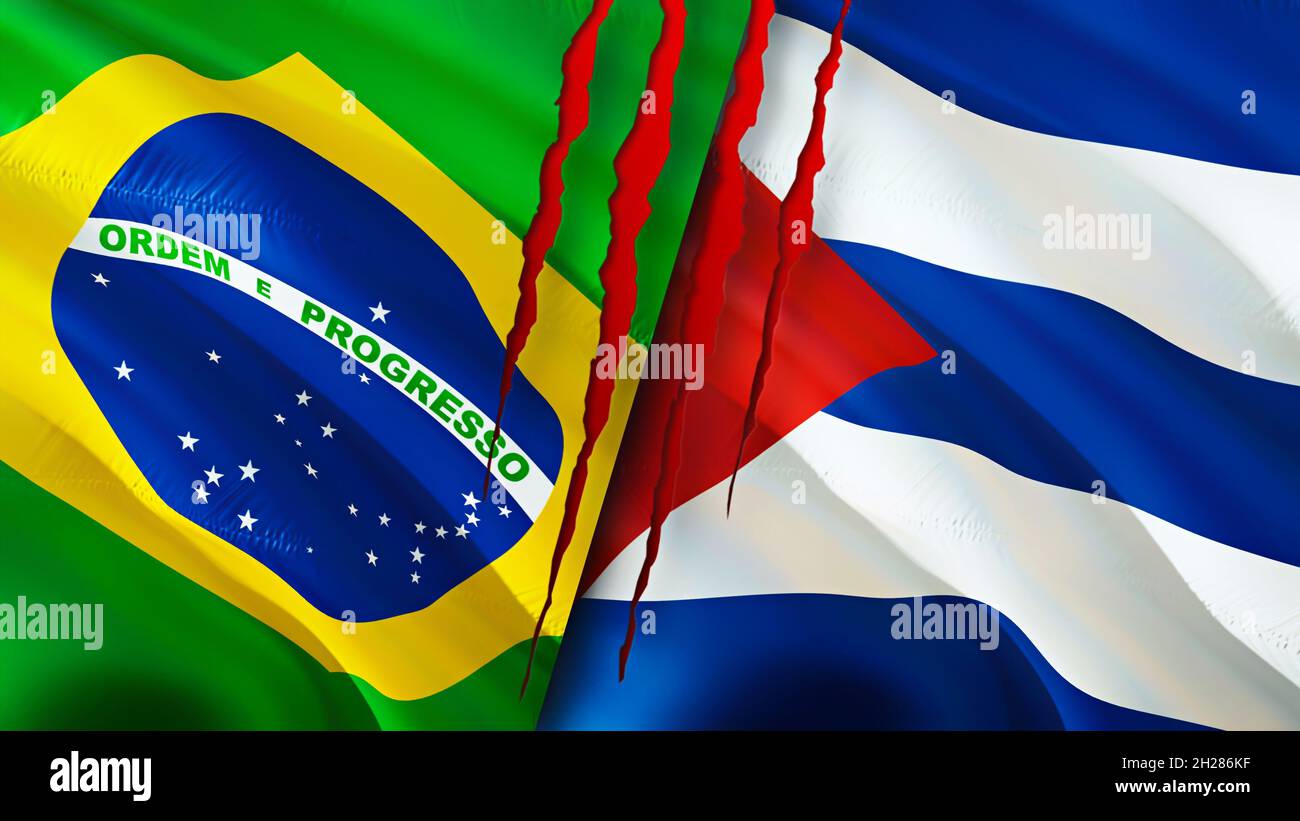 Brazil and Cuba flags with scar concept. Waving flag 3D rendering ...