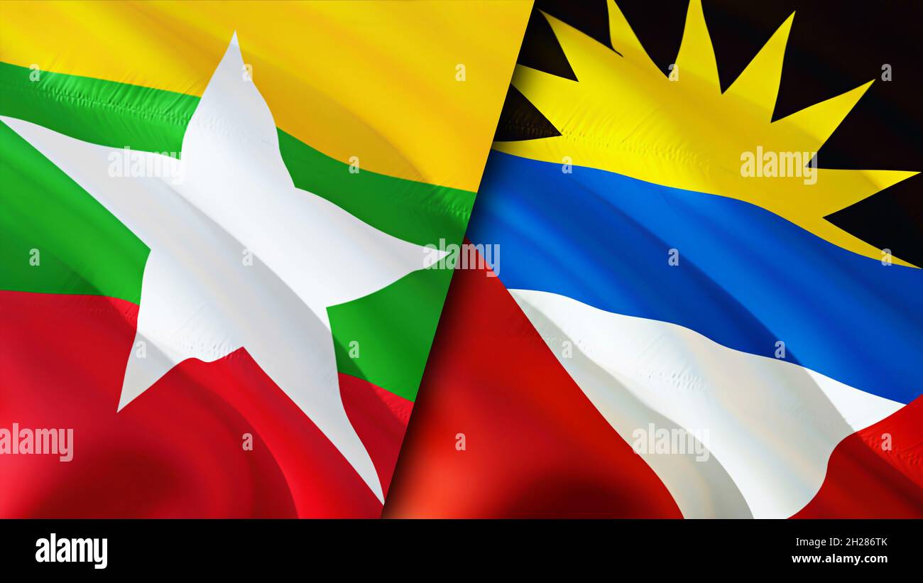 Myanmar and Antigua and Barbuda flags. 3D Waving flag design. Antigua ...