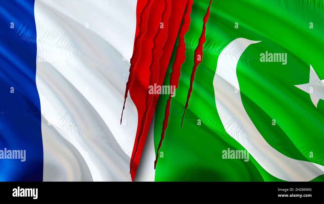 France and Pakistan flags with scar concept. Waving flag,3D rendering ...