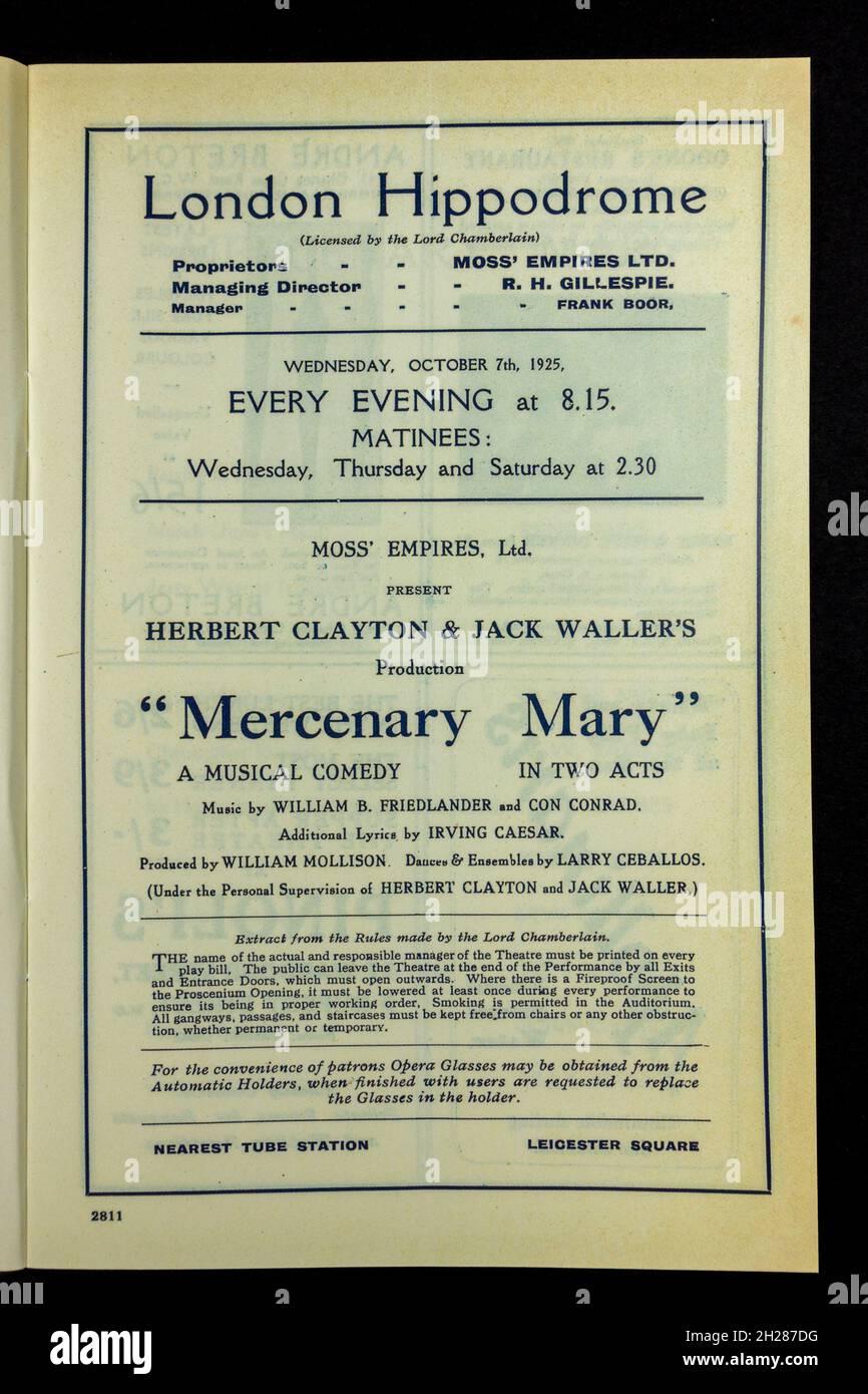 Production information inside a (replica) 1920's programme for ...