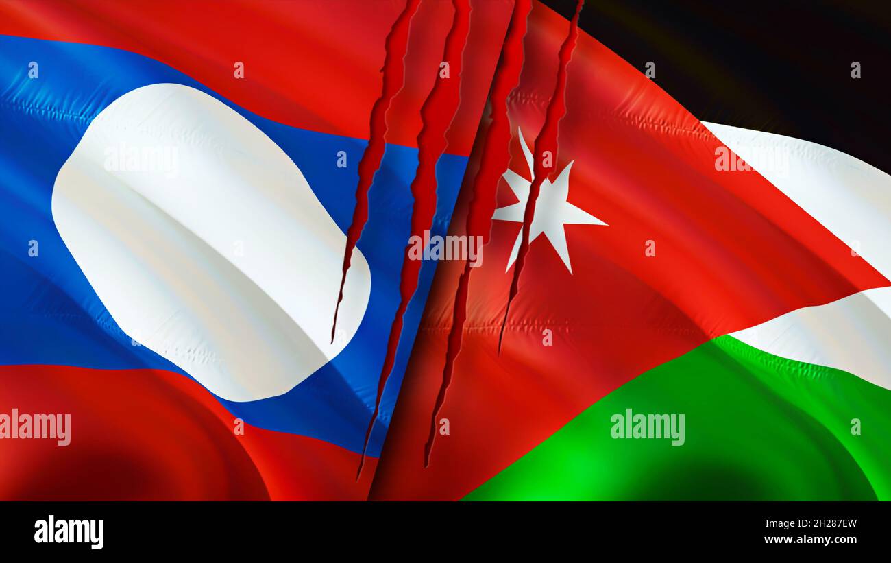 Laos and Jordan flags with scar concept. Waving flag,3D rendering. Laos and Jordan conflict ...