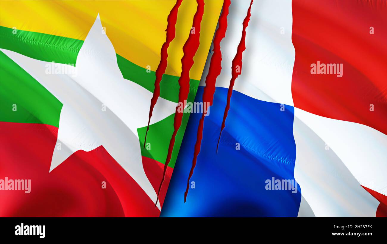 Myanmar and Panama flags with scar concept. Waving flag,3D rendering ...