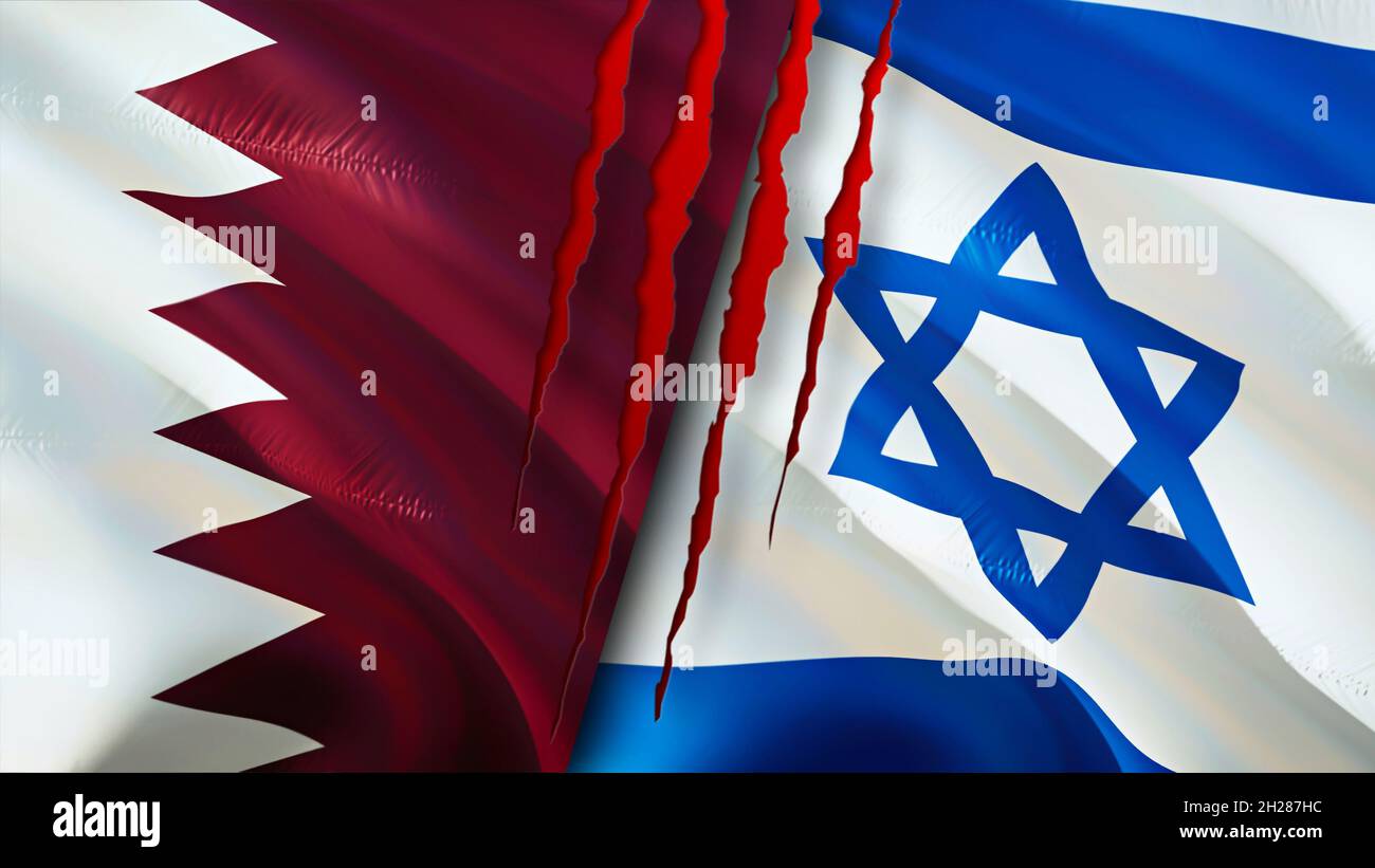 Qatar and Israel flags with scar concept. Waving flag,3D rendering ...