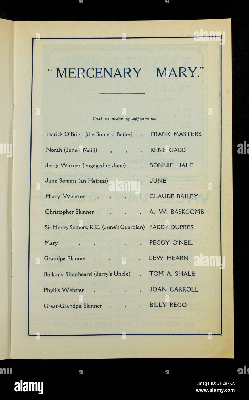 Cast page inside a (replica) 1920's programme for 'Mercenary Mary' at ...