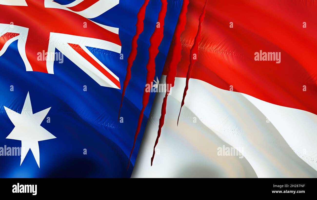 Australia and Indonesia flags with scar concept. Waving flag 3D ...