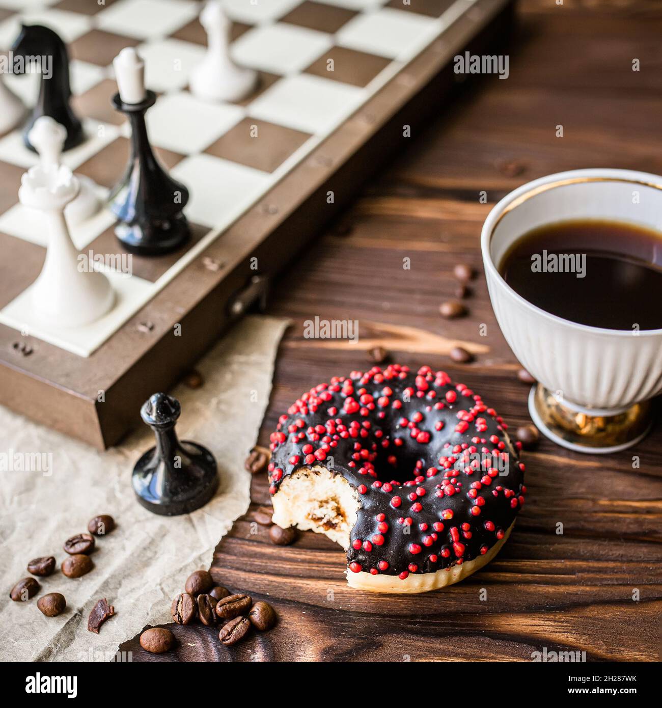Chess pieces on the chessboard during the lunch break. Relaxing logic ...