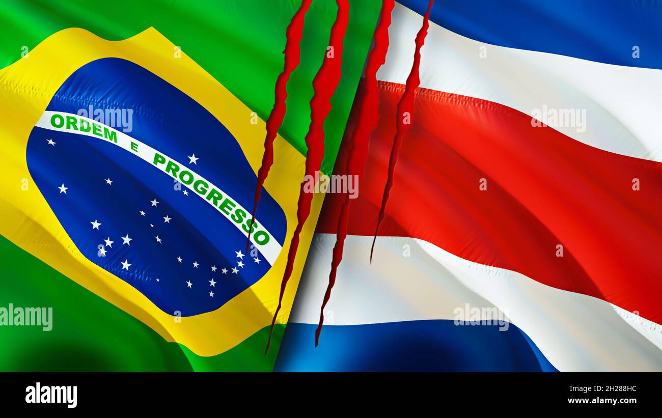 Brazil and Costa Rica flags with scar concept. Waving flag 3D rendering ...