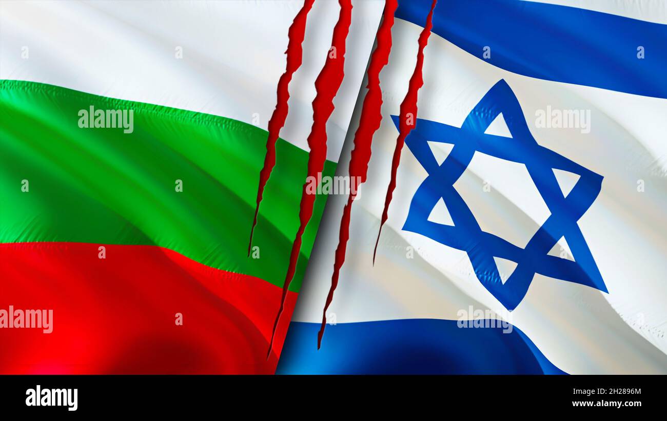 Bulgaria and Israel flags with scar concept. Waving flag,3D rendering ...