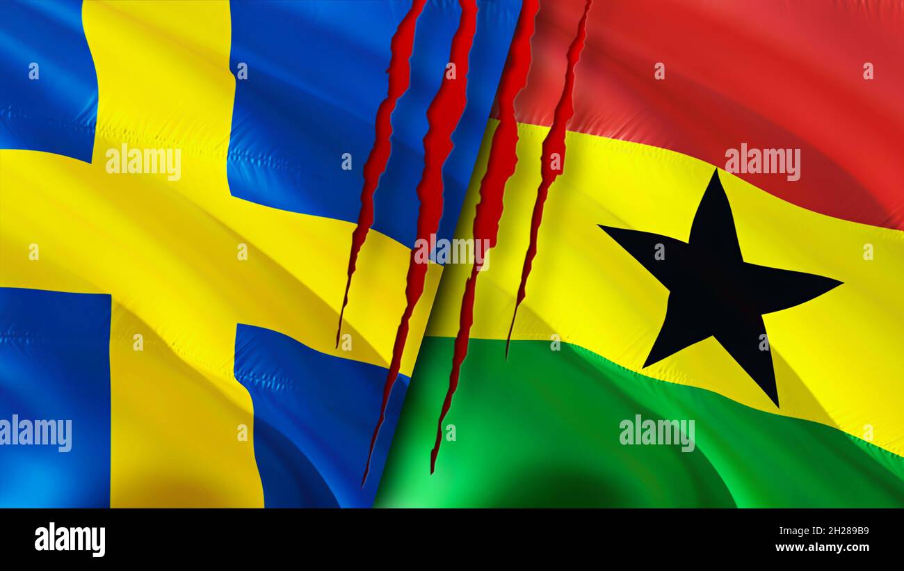 Sweden and Ghana flags with scar concept. Waving flag,3D rendering ...