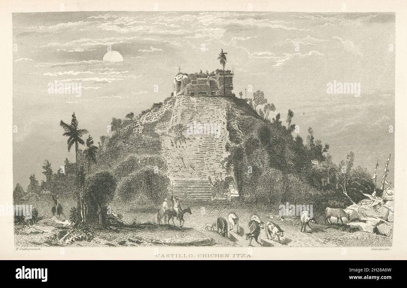 Engraving of El Castillo pyramid at Chichen Itza, Yucatan, Mexico, by ...