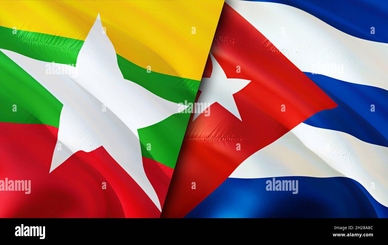 Myanmar and Cuba flags. 3D Waving flag design. Cuba Myanmar flag ...