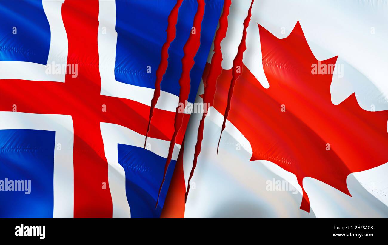 Iceland and Canada flags with scar concept. Waving flag,3D rendering ...
