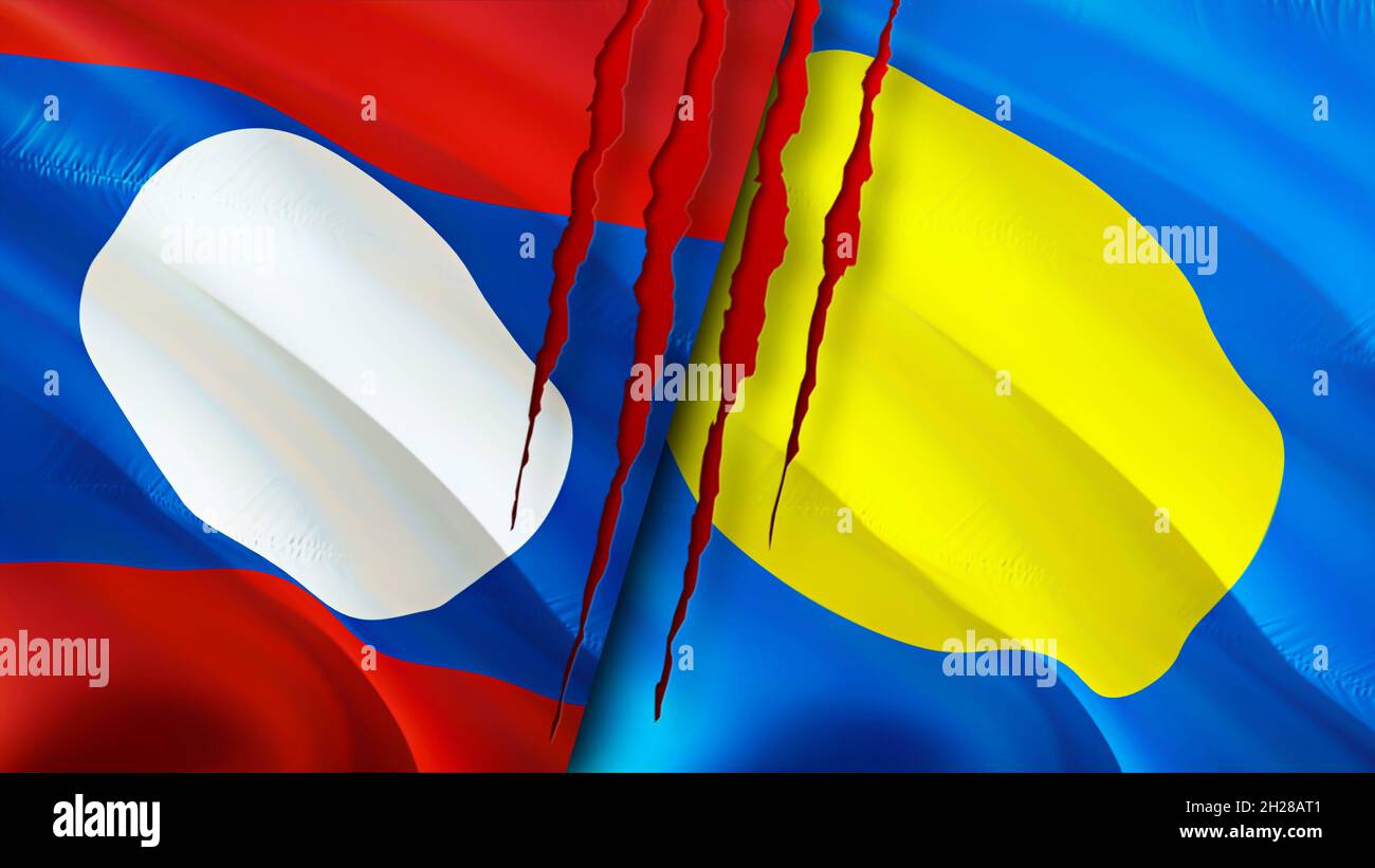 Laos and Palau flags with scar concept. Waving flag,3D rendering. Laos ...