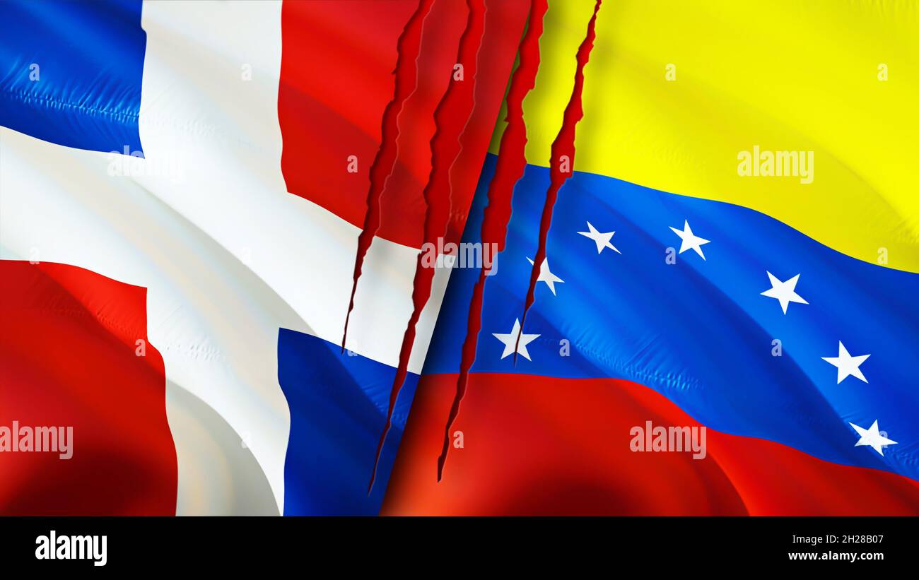 Dominicana and Venezuela flags with scar concept. Waving flag,3D ...