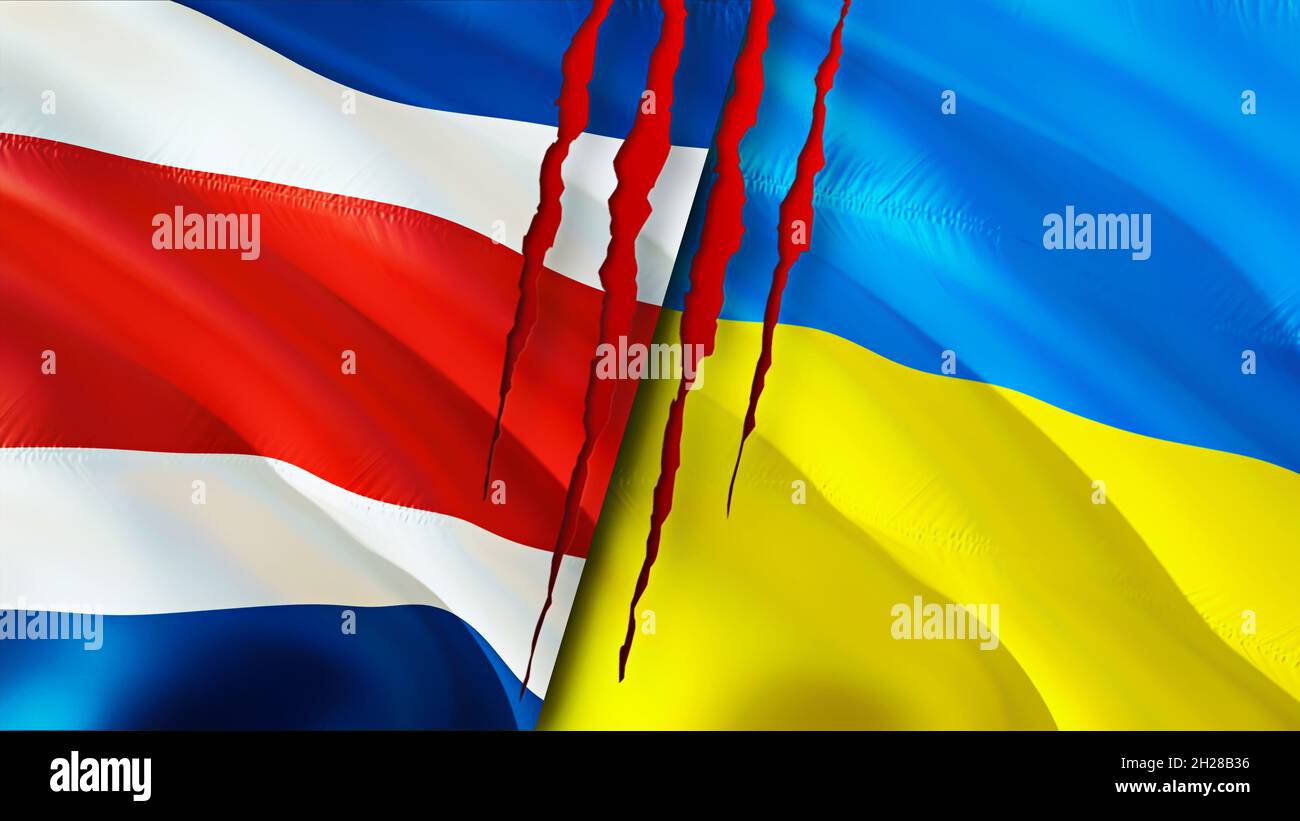 Costa Rica and Ukraine flags with scar concept. Waving flag 3D ...