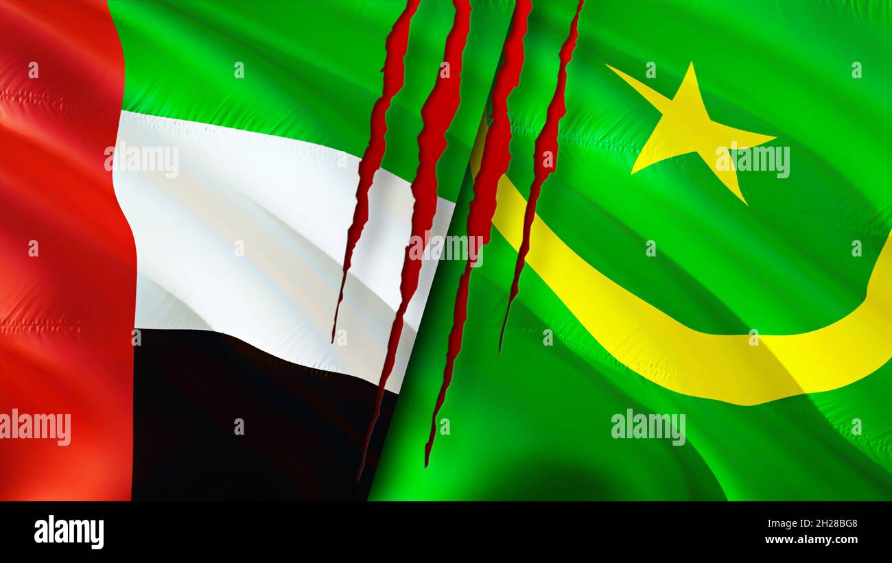 Emirates and Mauritania flags with scar concept. Waving flag,3D ...