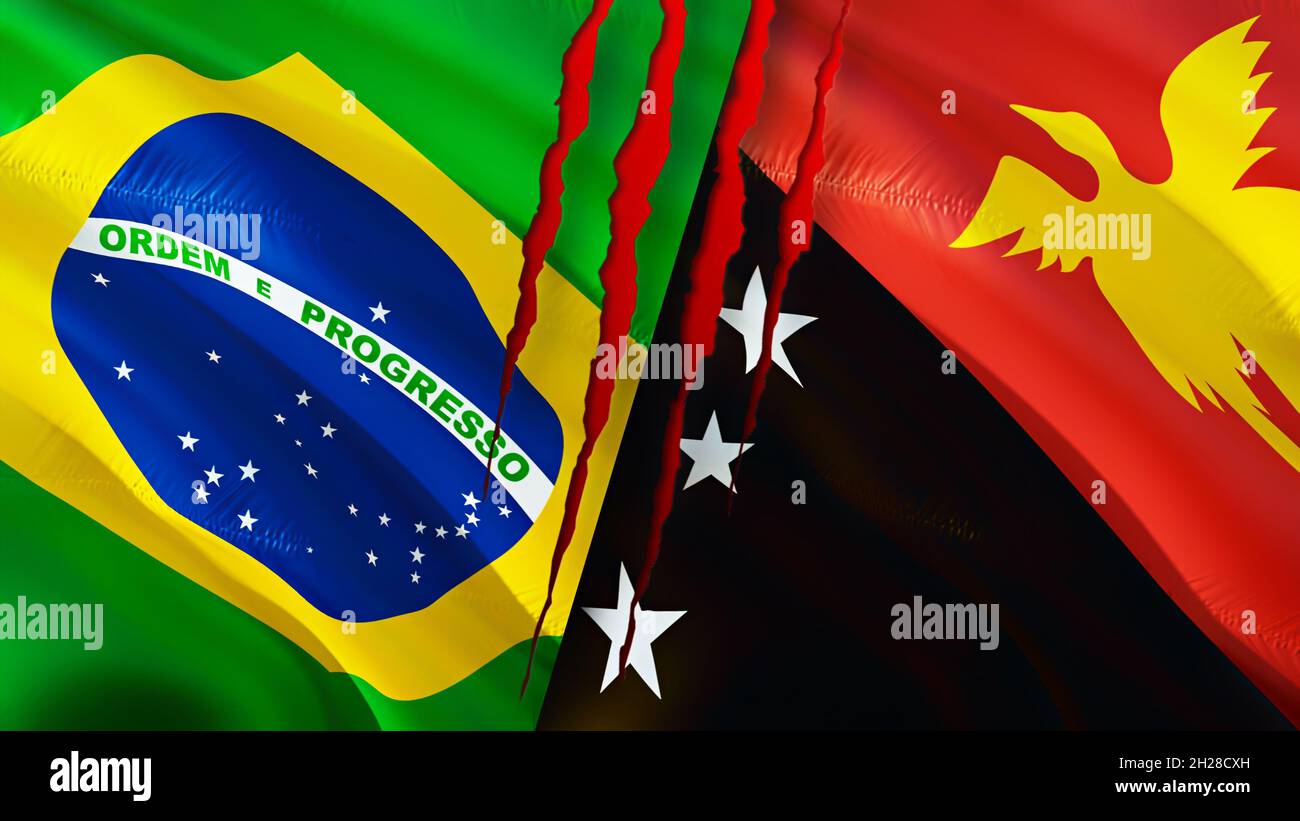 Brazil and Papua New Guinea flags with scar concept. Waving flag 3D ...