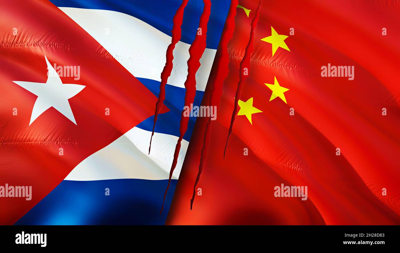 Cuba and China flags with scar concept. Waving flag 3D rendering. Cuba ...