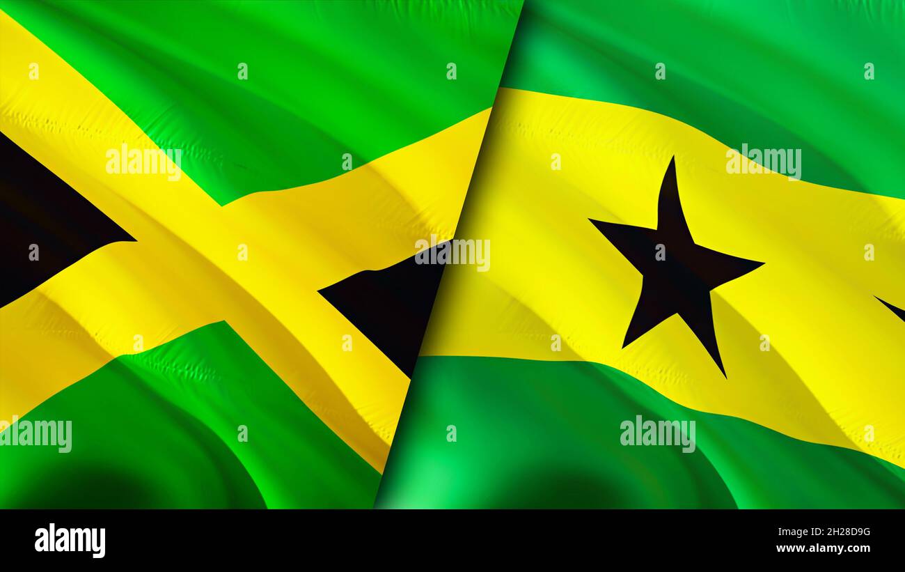 Jamaica and Sao Tome and Principe flags. 3D Waving flag design. Jamaica ...
