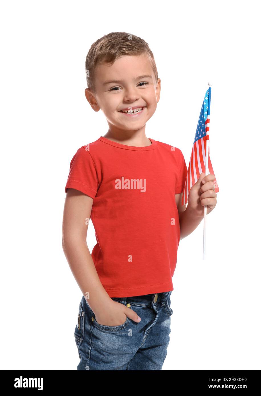 Little boy with American flag on white background Stock Photo - Alamy