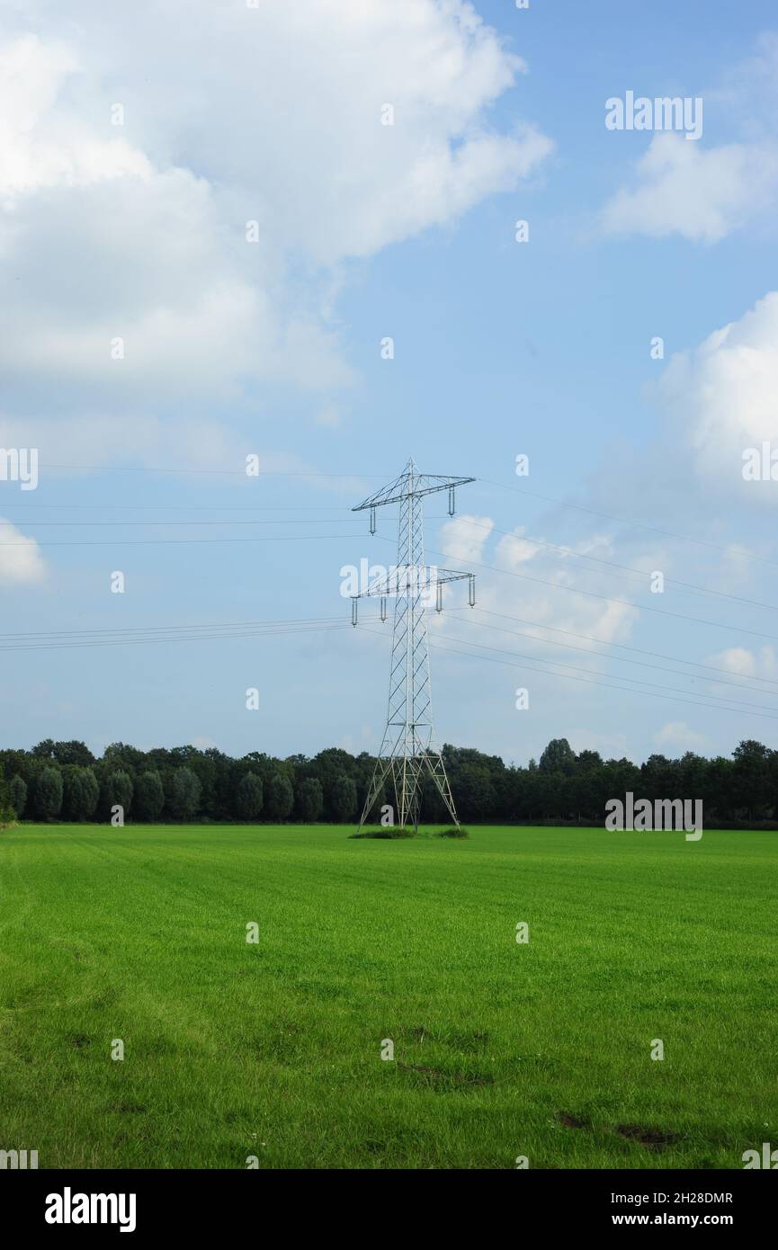 Pylon in the middle of a scenic field surrounded by trees Stock Photo ...
