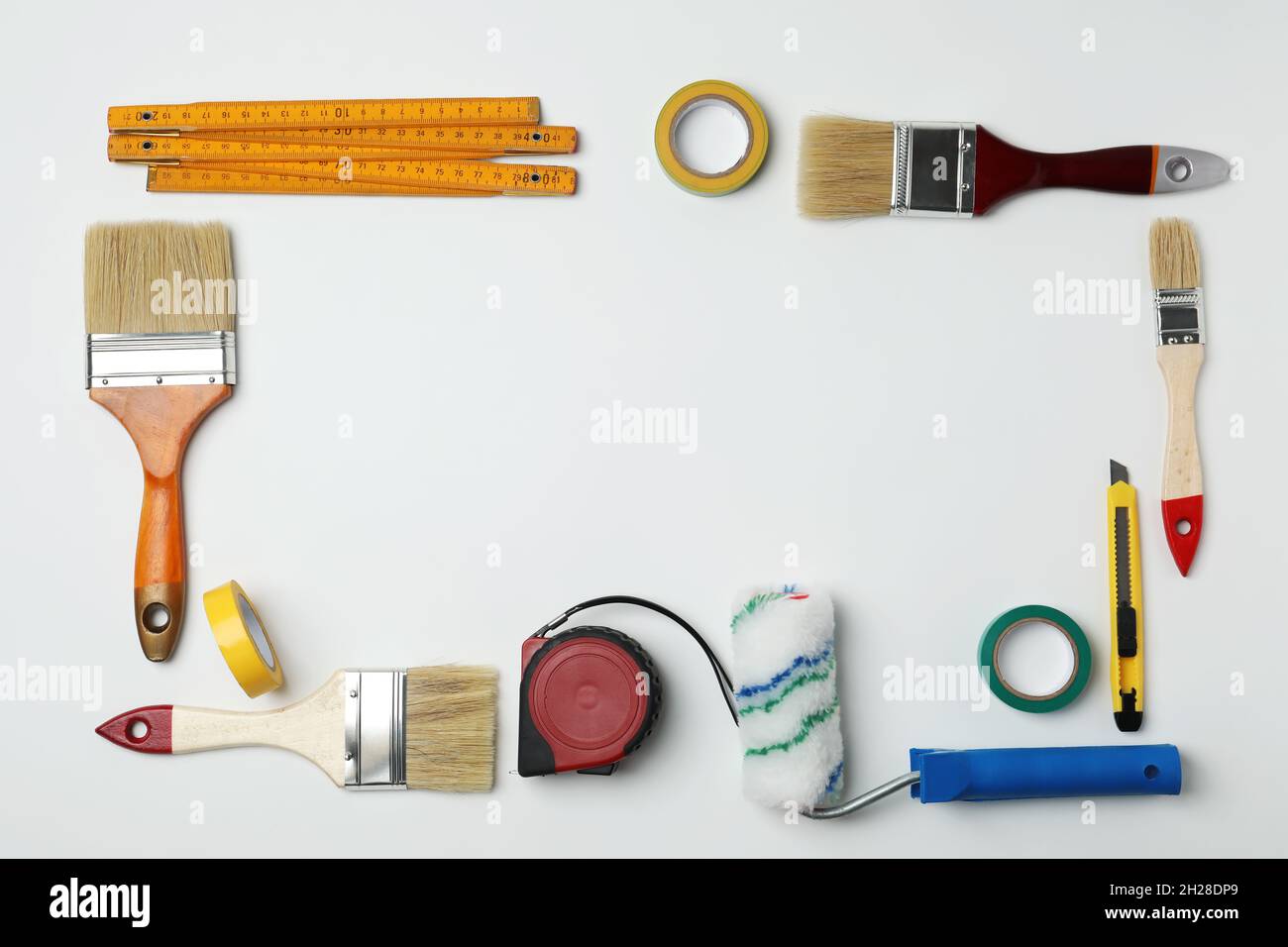 Set of decorator's tools on light background, flat lay Stock Photo - Alamy
