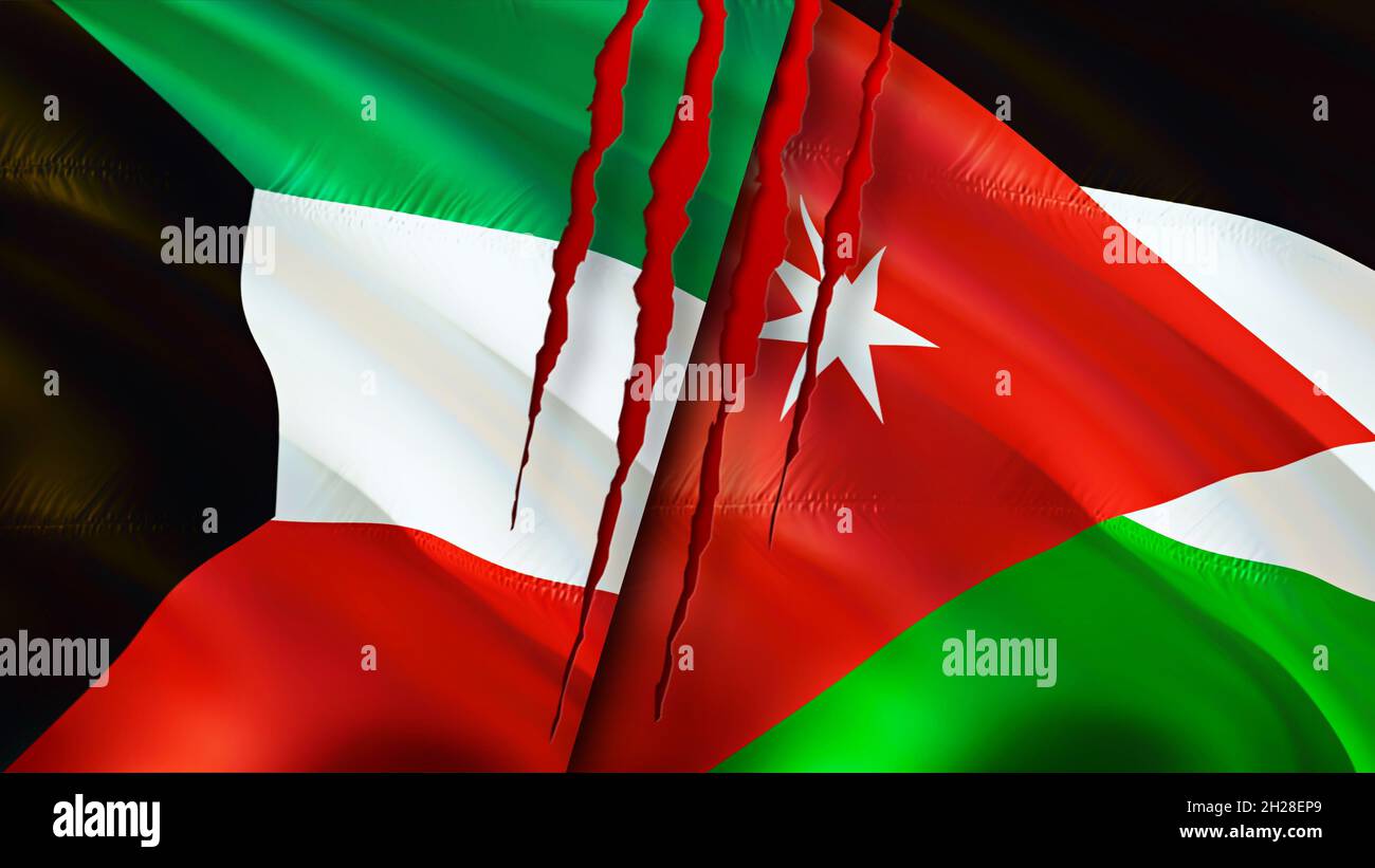 Kuwait and Jordan flags with scar concept. Waving flag,3D rendering ...