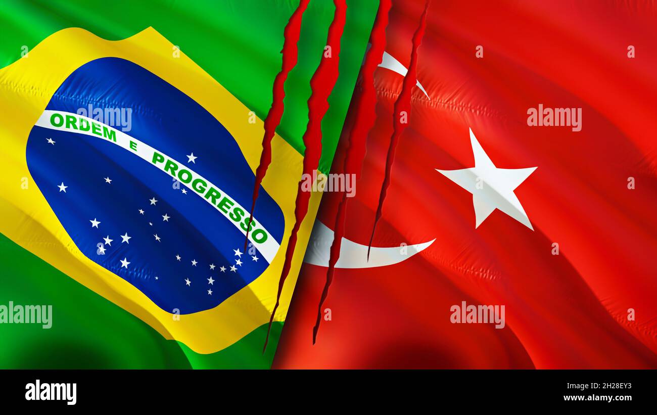 Brazil and Turkey flags with scar concept. Waving flag 3D rendering ...