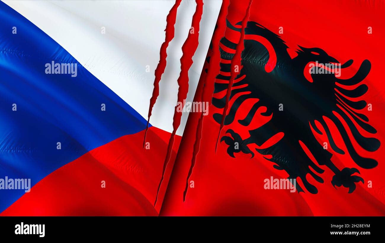 Czechia and Albania flags with scar concept. Waving flag,3D rendering ...