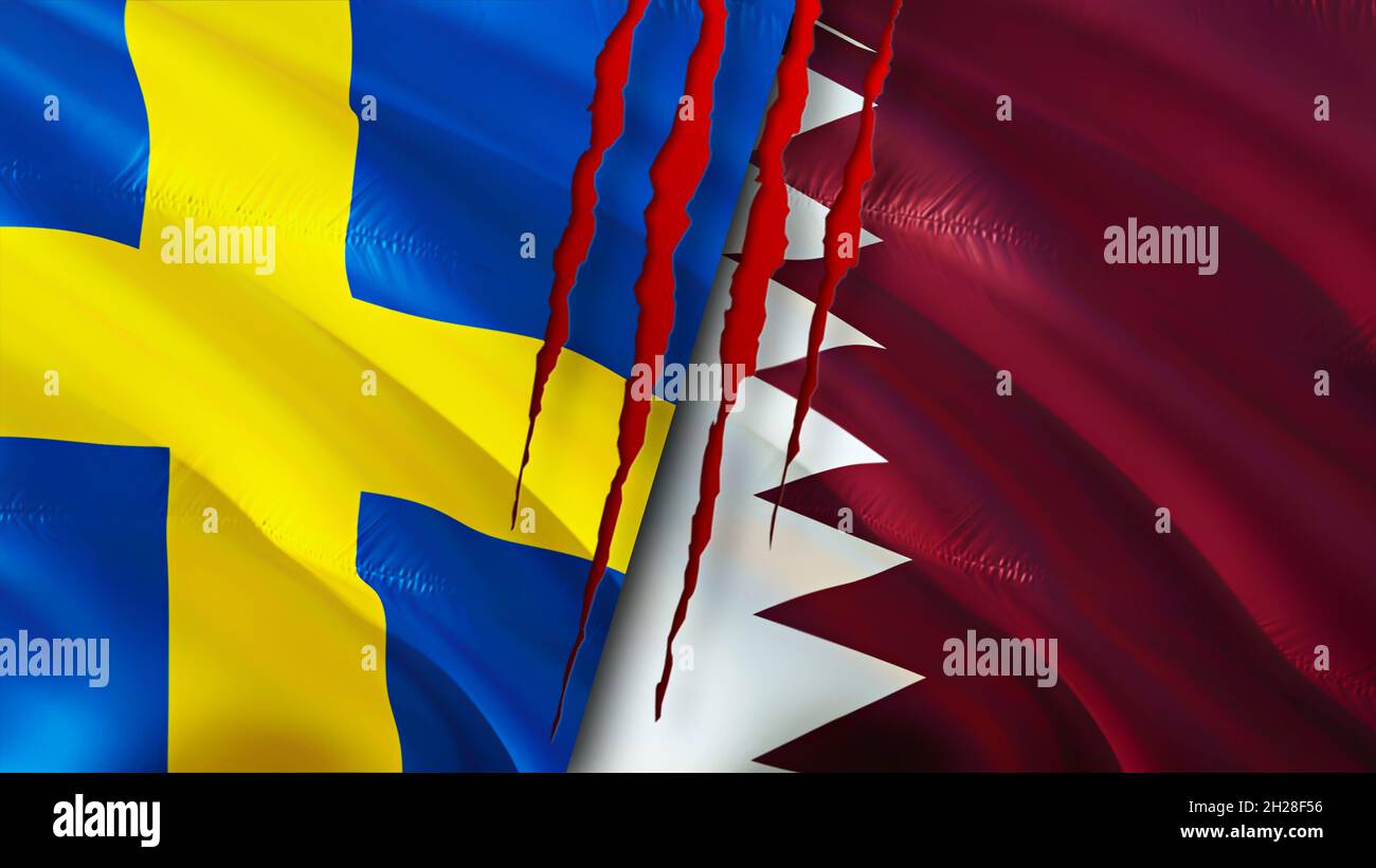 Sweden and Qatar flags with scar concept. Waving flag,3D rendering ...