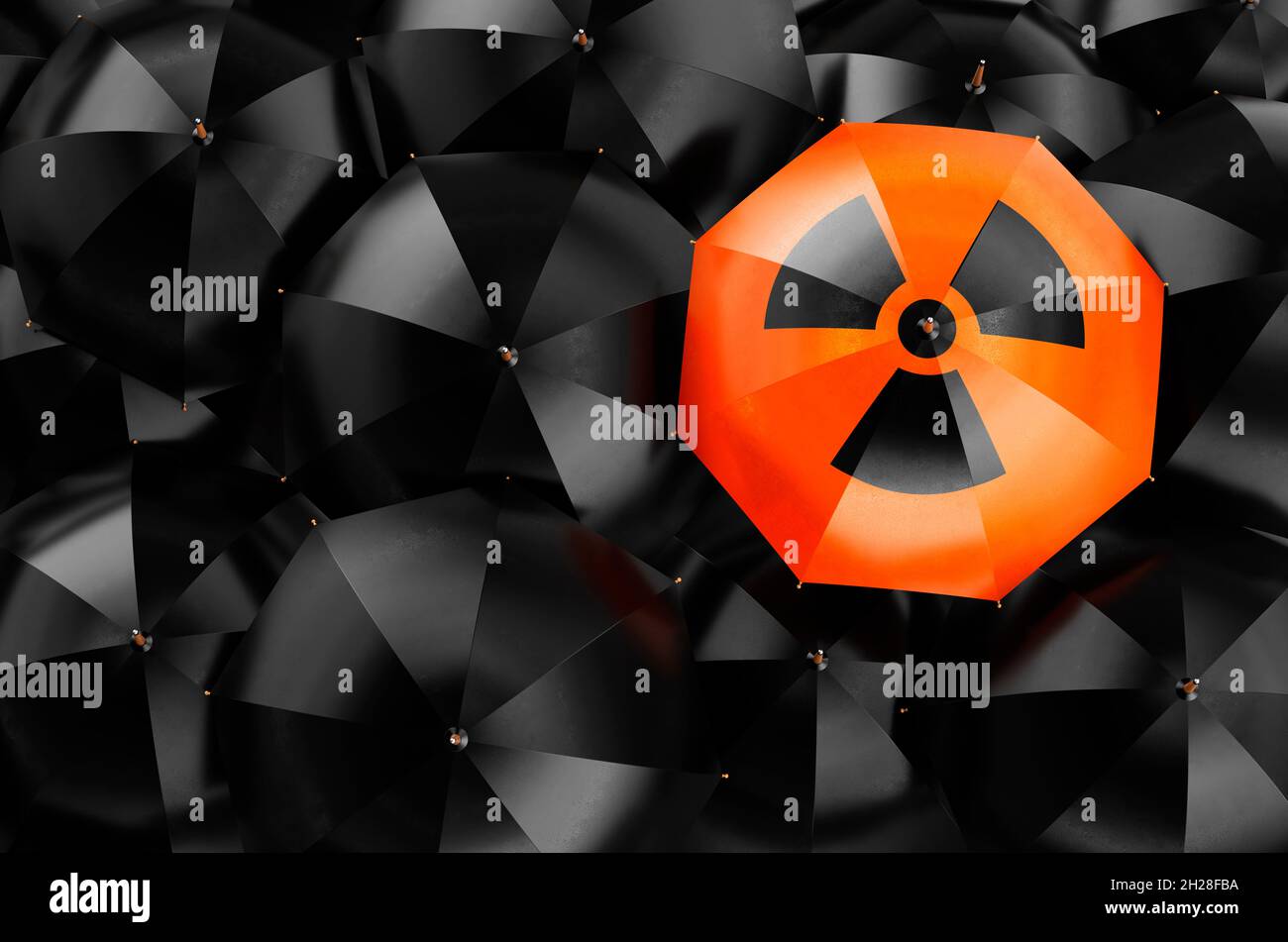 Umbrella with radiation sign among black umbrellas, top view. 3D ...