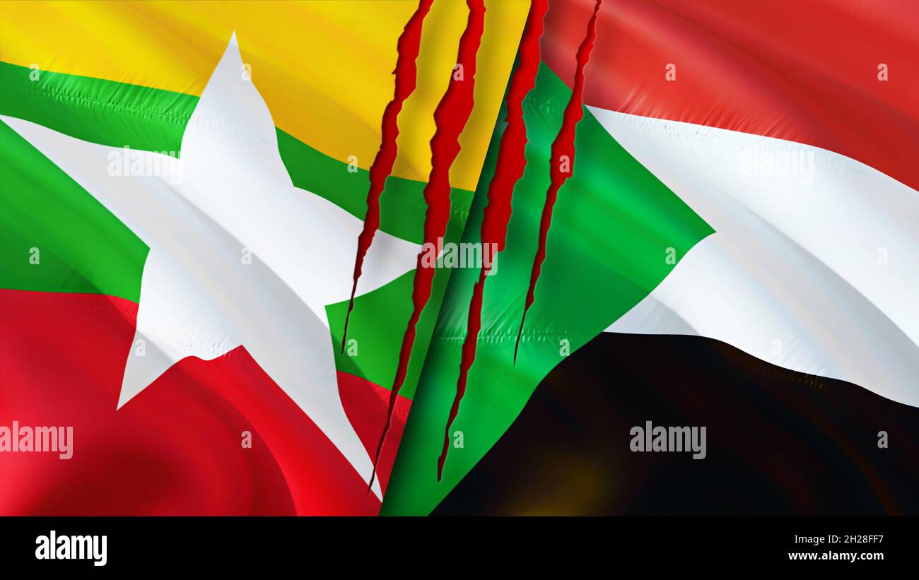 Myanmar and Sudan flags with scar concept. Waving flag,3D rendering ...
