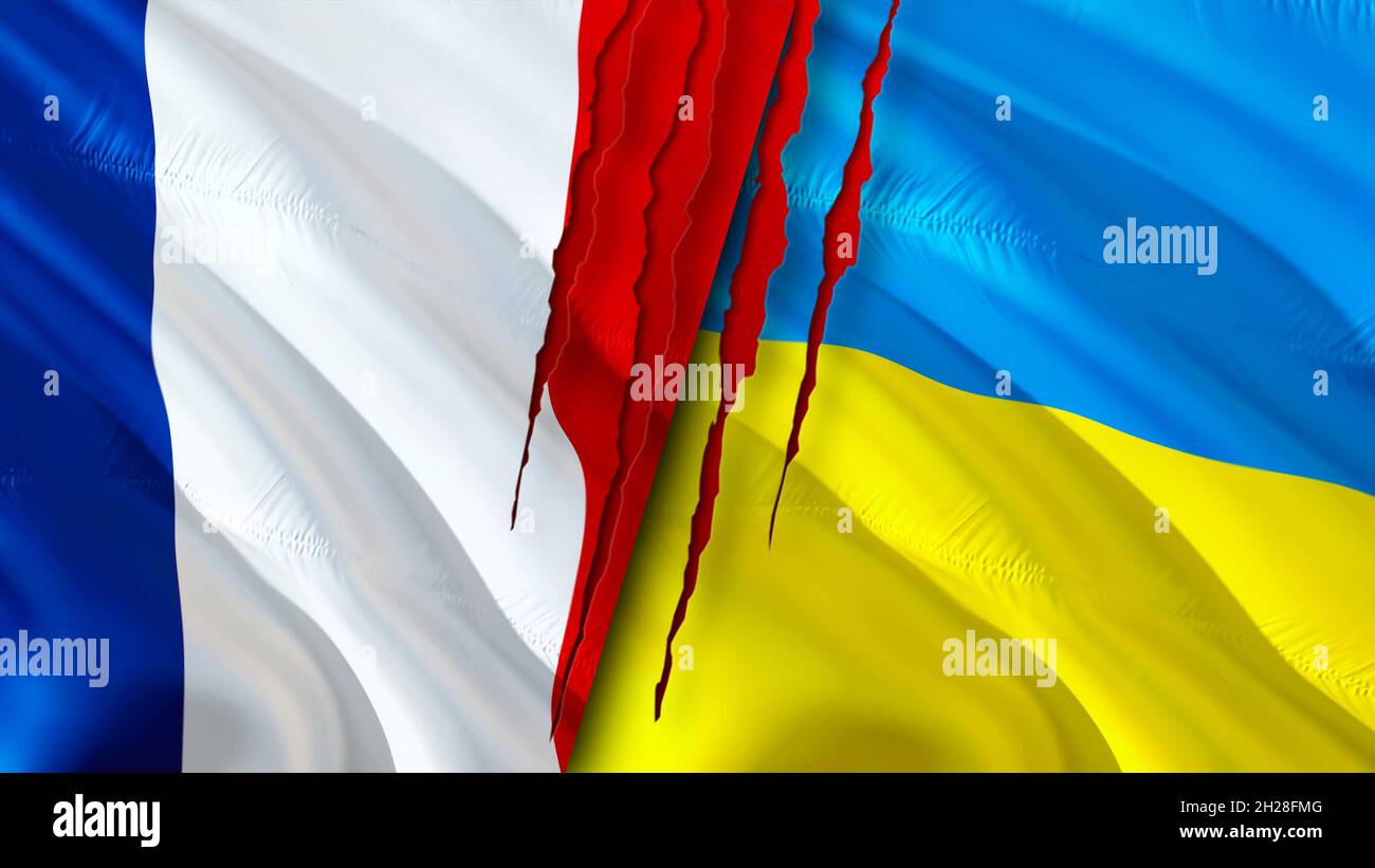 France and Ukraine flags with scar concept. Waving flag,3D rendering ...