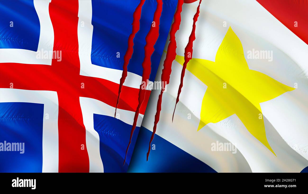 Iceland and Saba Island flags with scar concept. Waving flag,3D rendering. Saba Island and ...