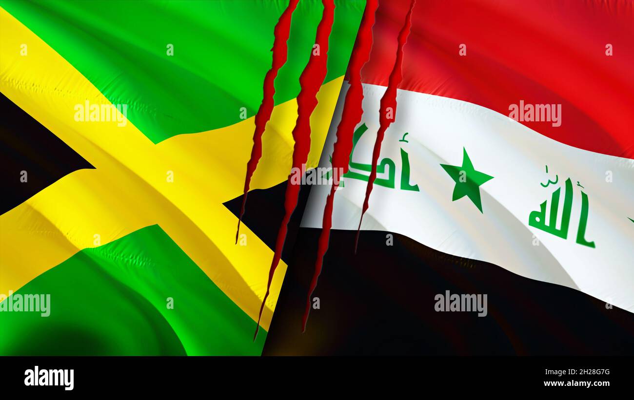 Jamaica and Iraq flags with scar concept. Waving flag,3D rendering ...