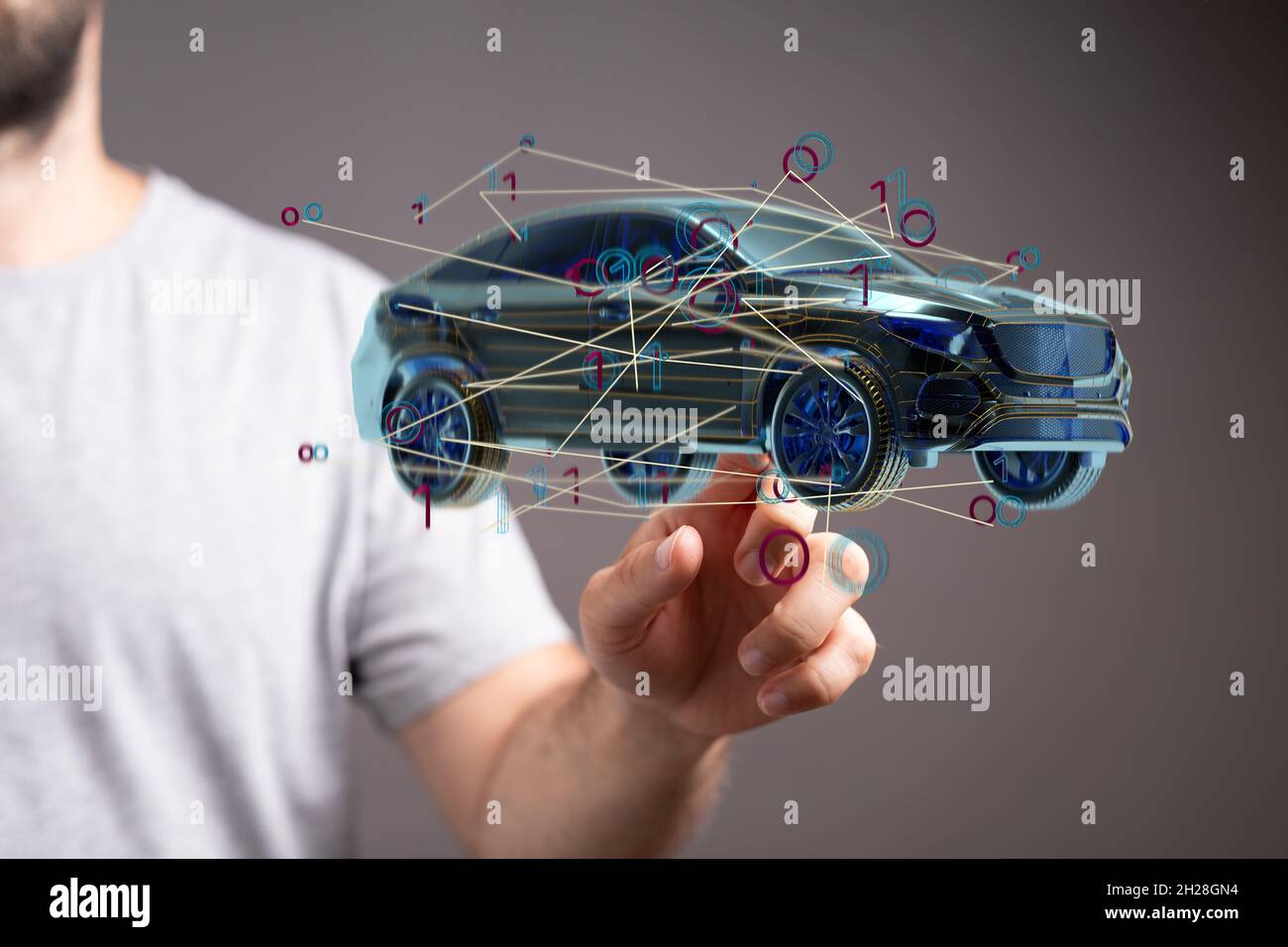 3D rendered blue digital car in the hands of a male in the background ...