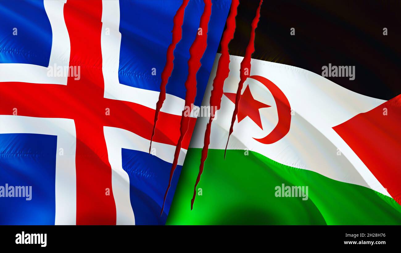 Iceland and Western Sahara flags with scar concept. Waving flag,3D ...