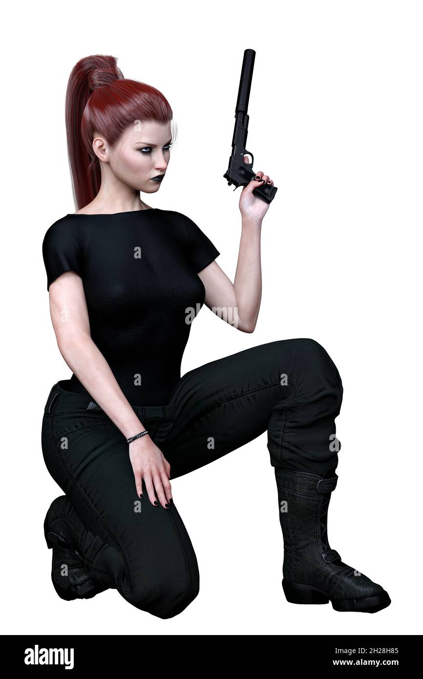 Caucasian Urban Fantasy Woman with Gun on Isolated White Background, 3D ...