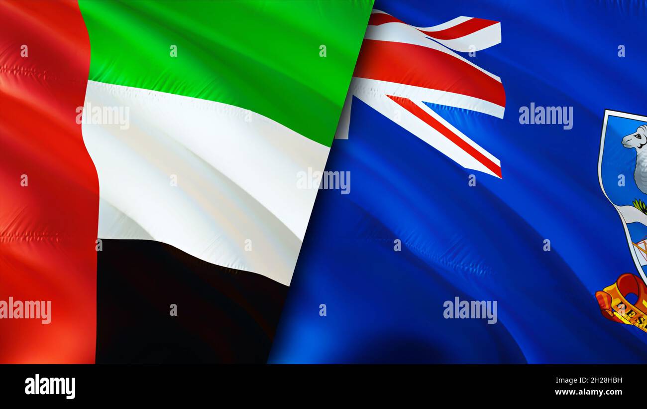 Emirates and Falkland Islands flags. 3D Waving flag design. Falkland ...