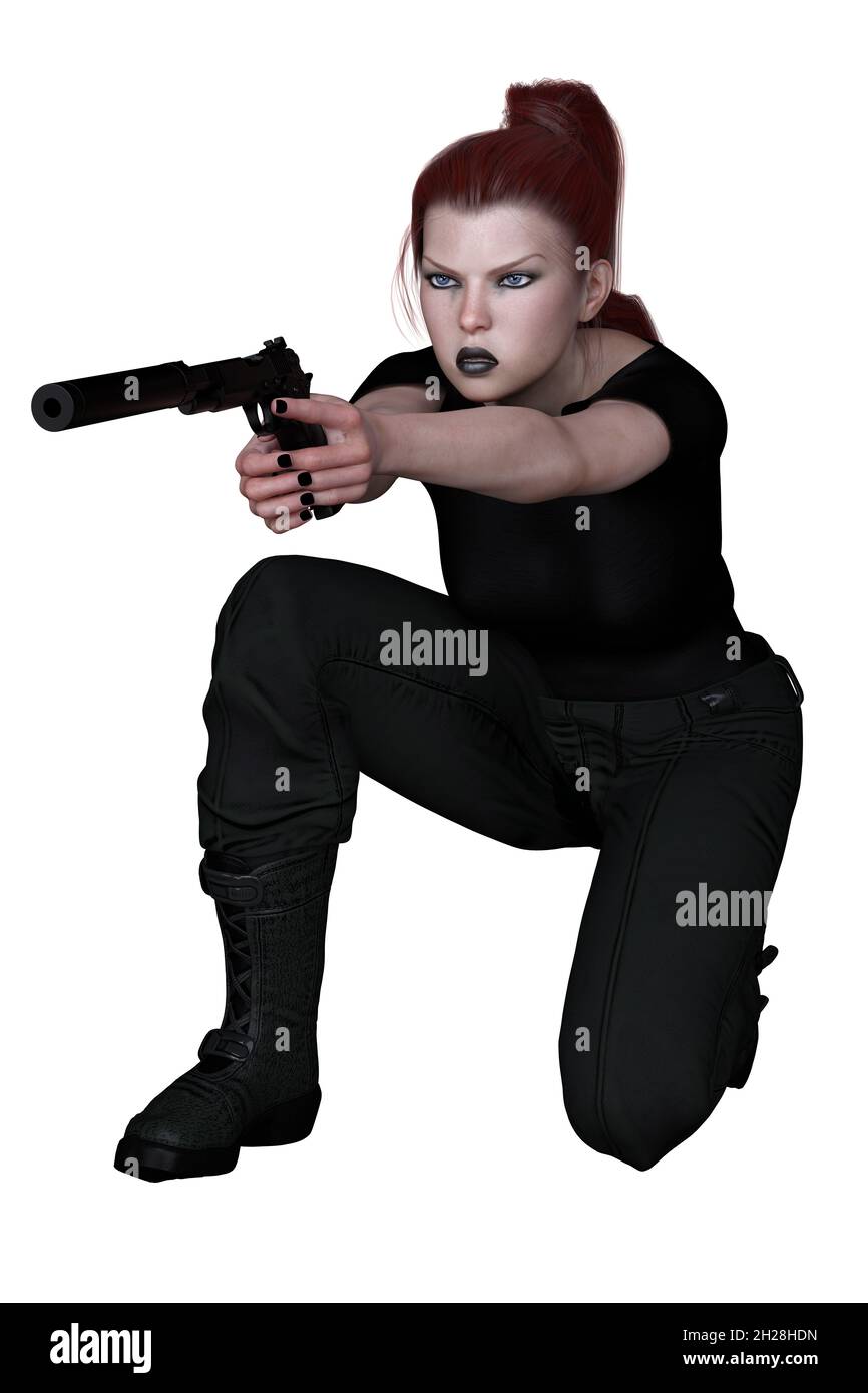 Caucasian Urban Fantasy Woman with Gun on Isolated White Background, 3D ...