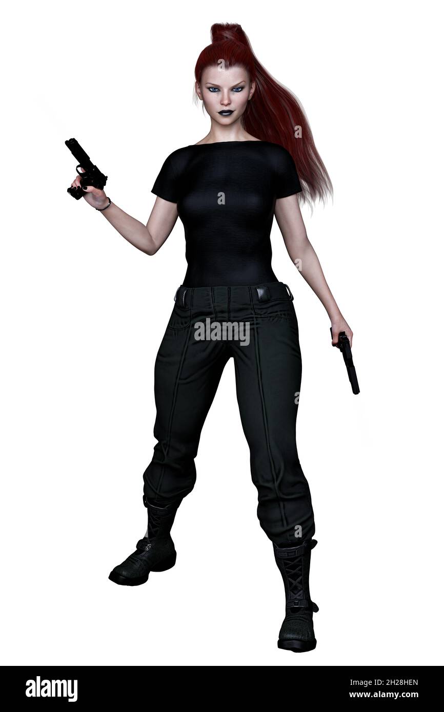 Caucasian Urban Fantasy Woman with Gun on Isolated White Background, 3D ...
