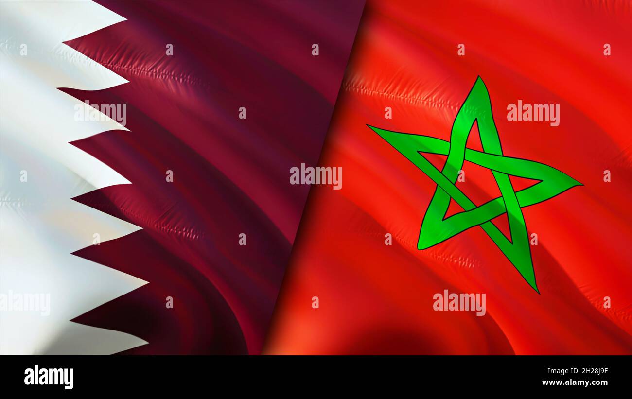 Qatar and Morocco flags. 3D Waving flag design. Morocco Qatar flag ...