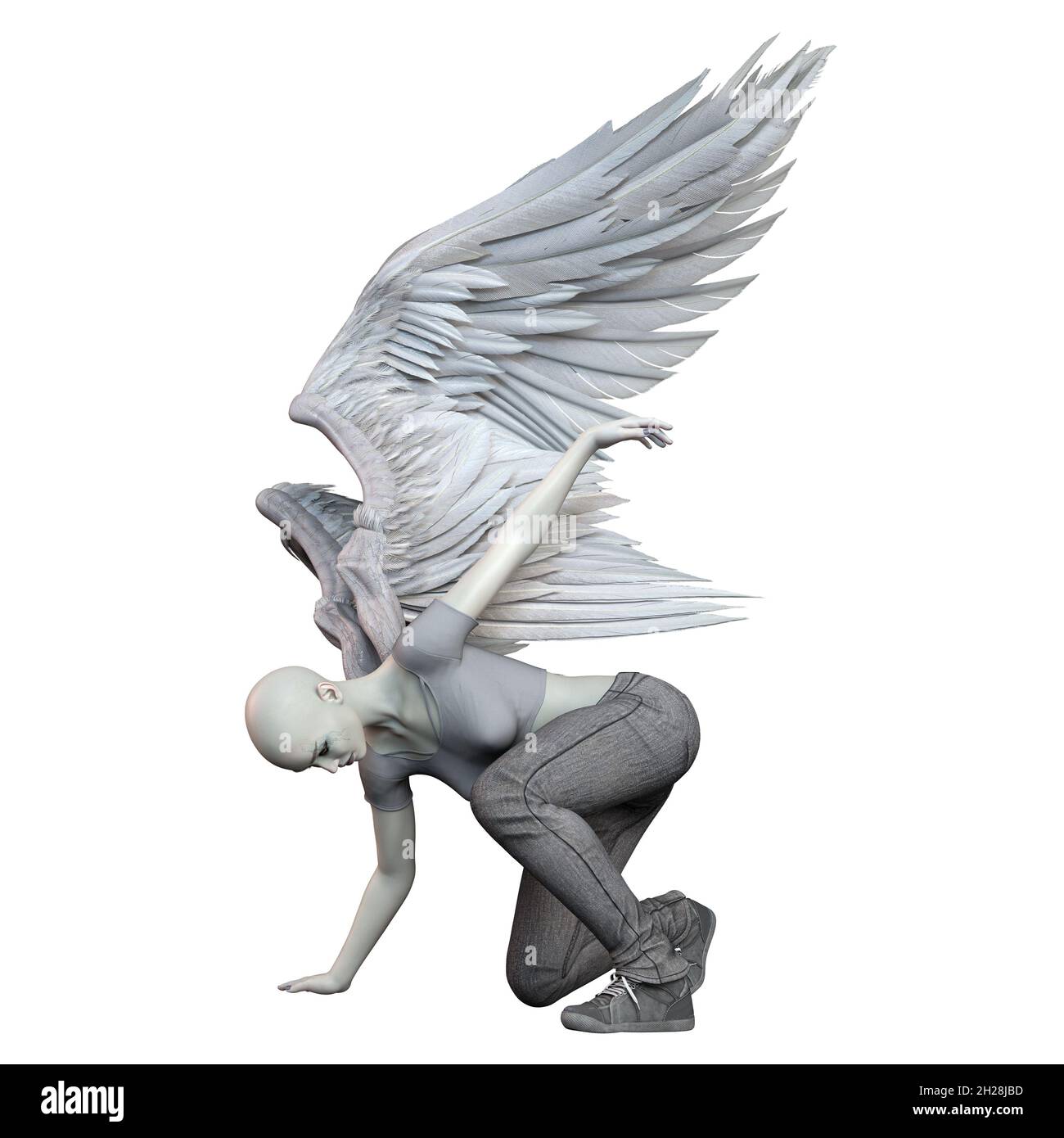 Fallen Angel with White Wings Caucasian Woman on Isolated White ...