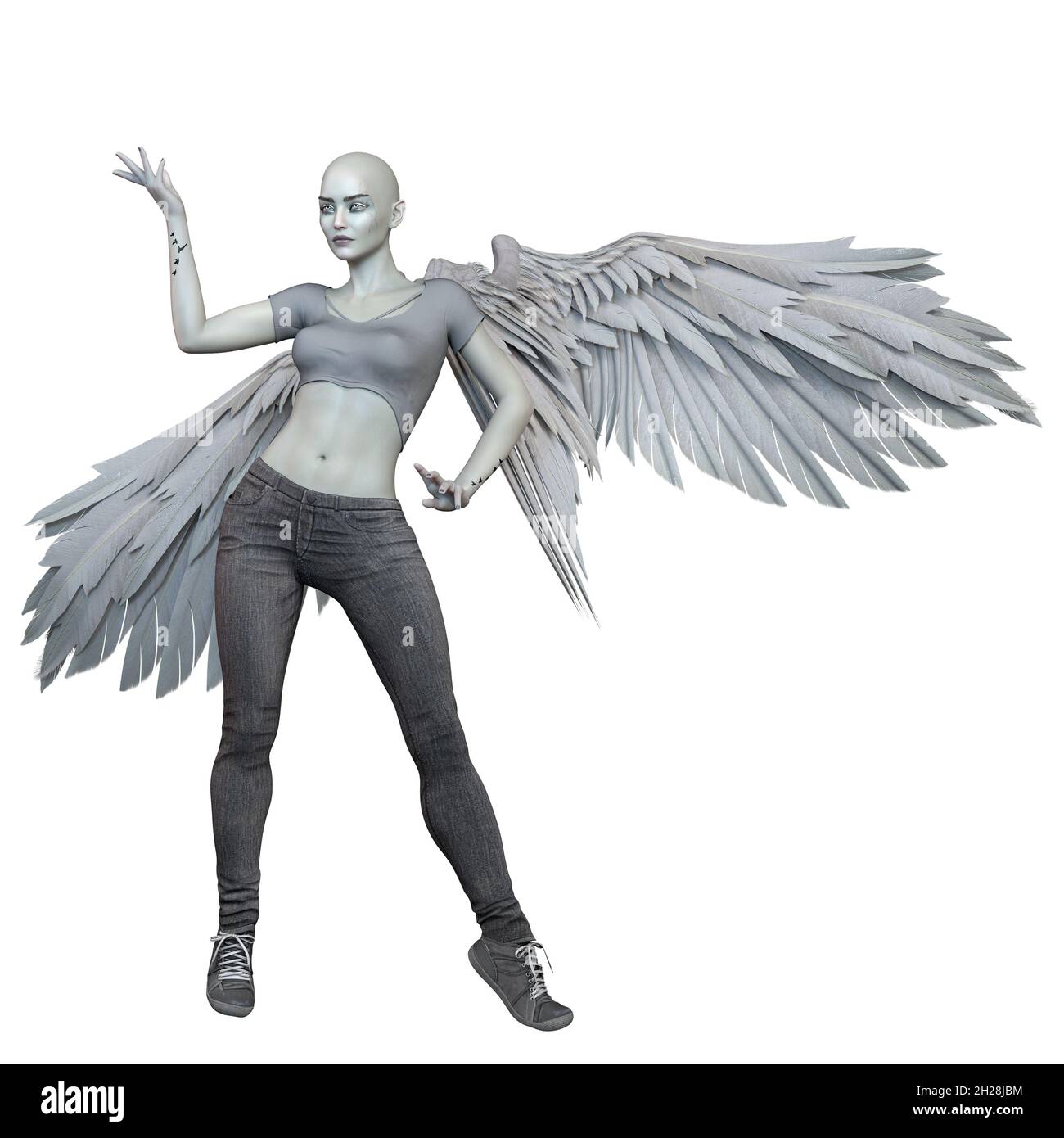 Fallen Angel with White Wings Caucasian Woman on Isolated White ...