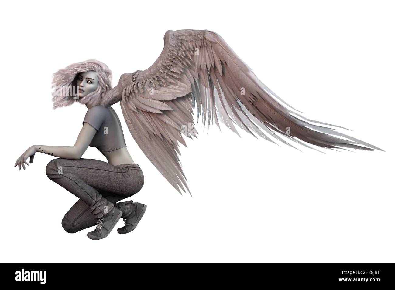 Fallen Angel with White Wings Caucasian Woman on Isolated White ...