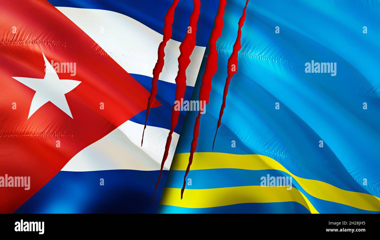 Cuba and Aruba flags with scar concept. Waving flag 3D rendering. Cuba ...